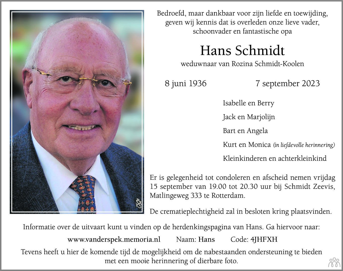 Hans Schmidt 07-09-2023 overlijdensbericht en condoleances - Mensenlinq.nl