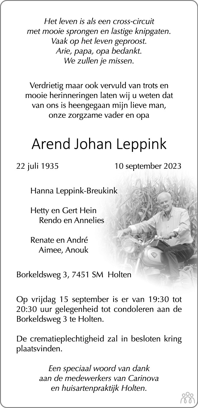 Arend Leppink 10-09-2023 overlijdensbericht en condoleances - Mensenlinq.nl