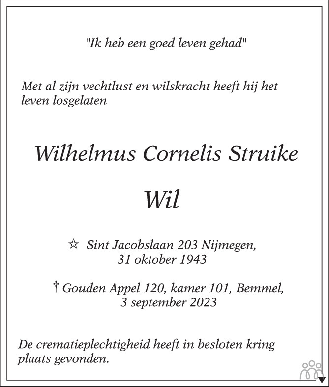 Wilhelmus Cornelis Struike 03-09-2023 overlijdensbericht en ...