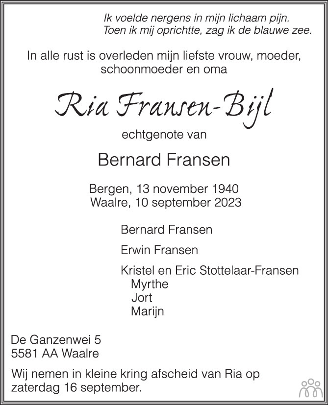Ria Fransen-Bijl 10-09-2023 overlijdensbericht en condoleances ...