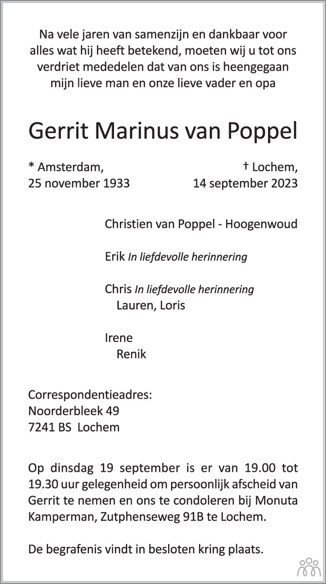 Gerrit Marinus van Poppel 14-09-2023 overlijdensbericht en condoleances - Mensenlinq.nl