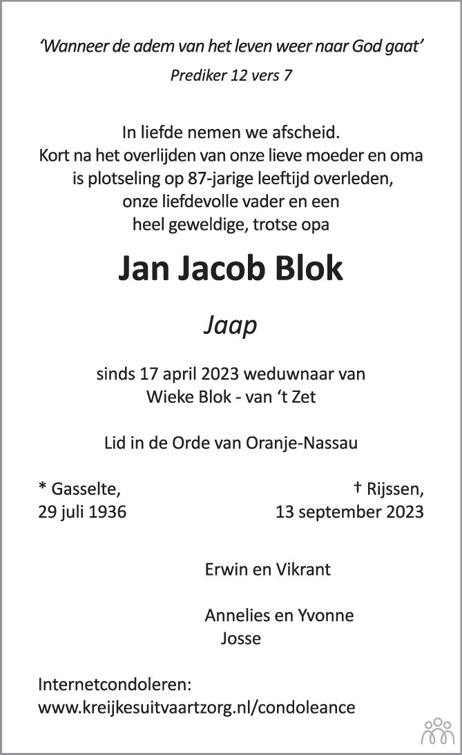Jaap (Jan Jacob) Blok 13-09-2023 overlijdensbericht en condoleances ...