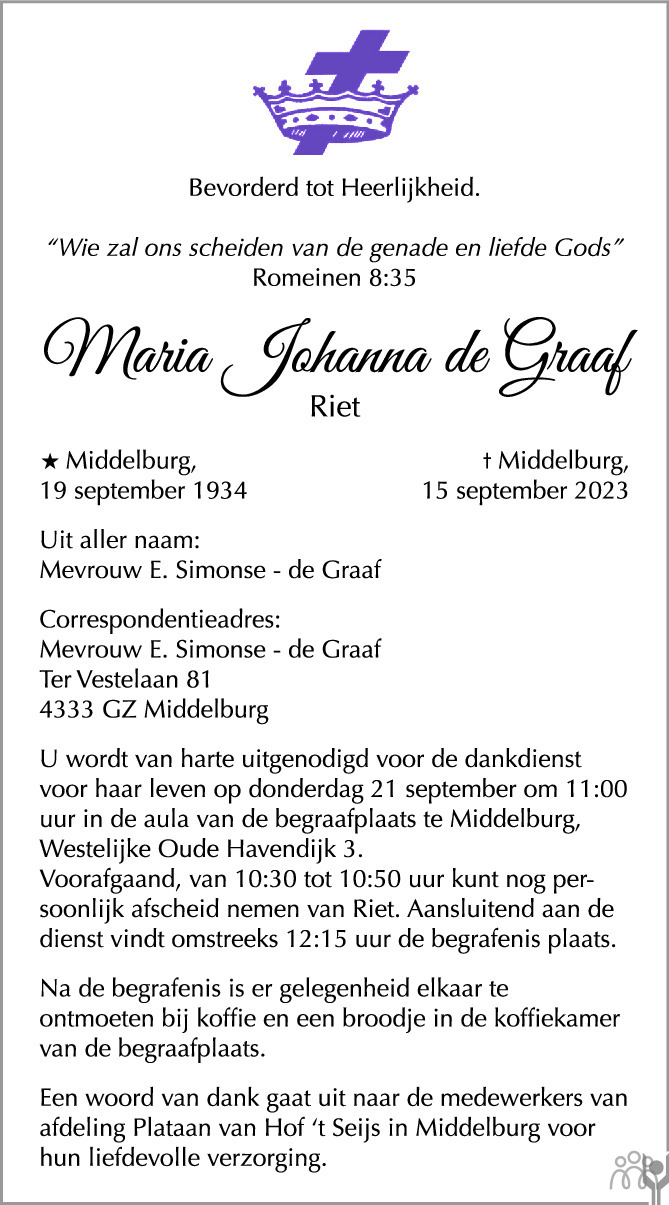 Maria Johanna (Riet) de Graaf 15-09-2023 overlijdensbericht en ...