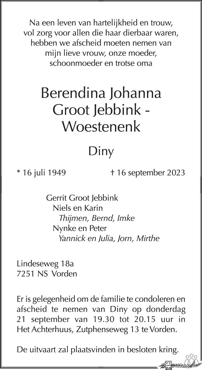 Berendina Johanna (Diny) Groot Jebbink-Woestenenk 16-09-2023 ...