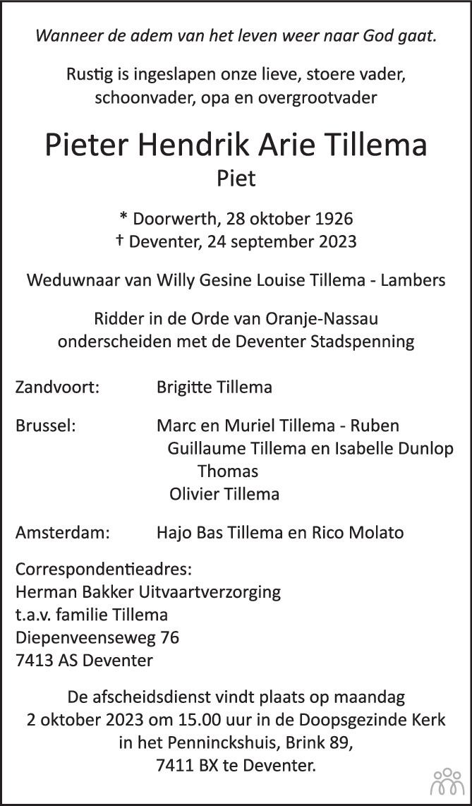 Pieter Hendrik (Piet) Tillema 24-09-2023 overlijdensbericht en ...