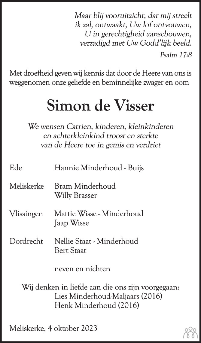 Simon de Visser 04-10-2023 overlijdensbericht en condoleances ...