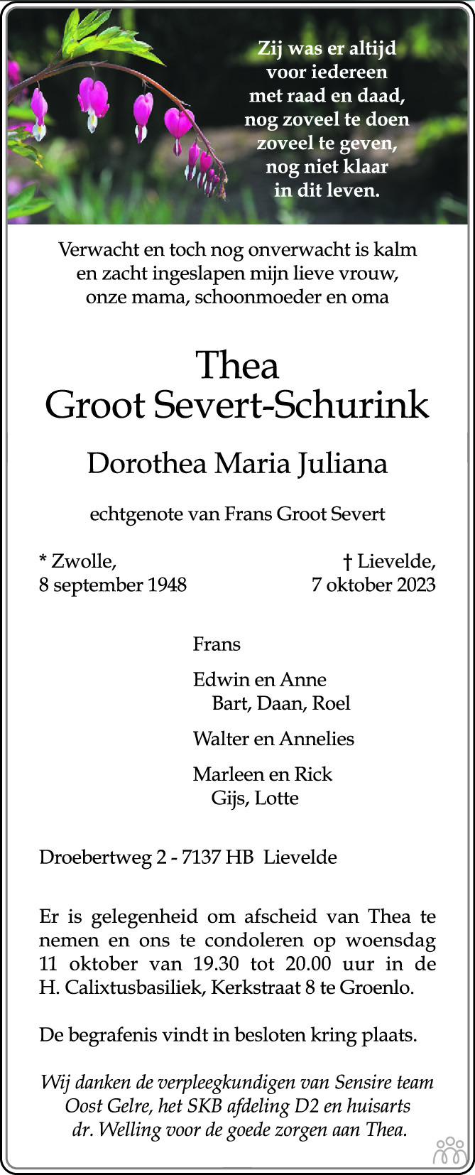 Thea (Dorothea Maria Juliana) Groot Severt-Schurink 07-10-2023 ...