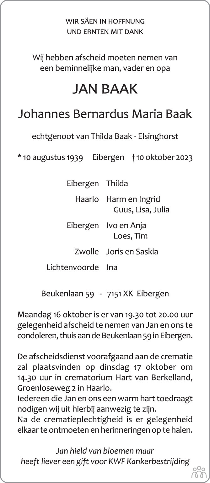 Johannes Bernardus Maria (Jan) Baak 10-10-2023 overlijdensbericht en ...