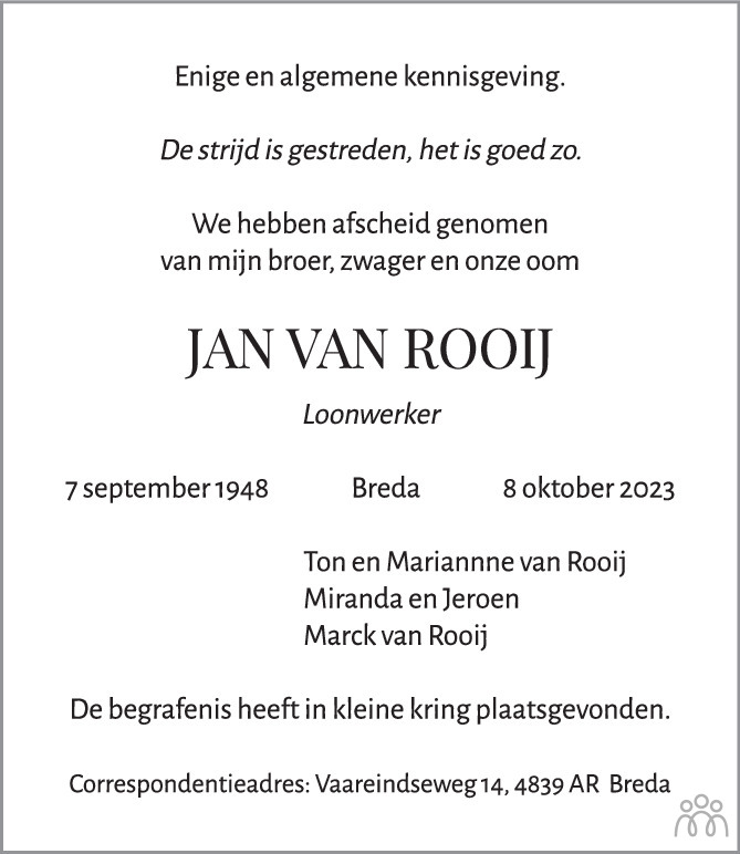 Jan van Rooij 08-10-2023 overlijdensbericht en condoleances - Mensenlinq.nl
