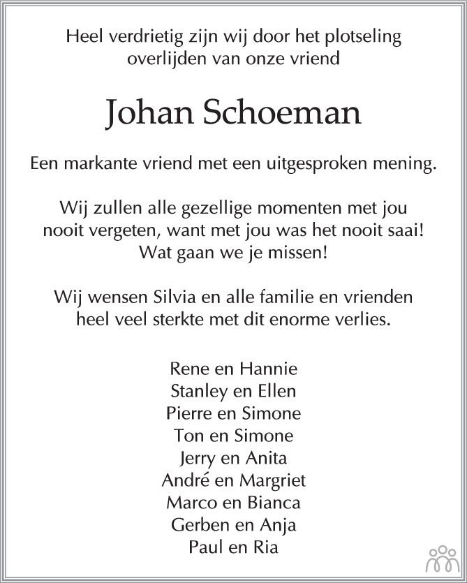 Johan Schoeman 12-10-2023 overlijdensbericht en condoleances ...
