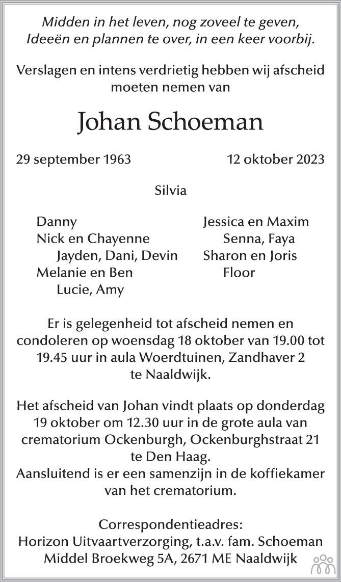 Johan Schoeman 12-10-2023 overlijdensbericht en condoleances ...