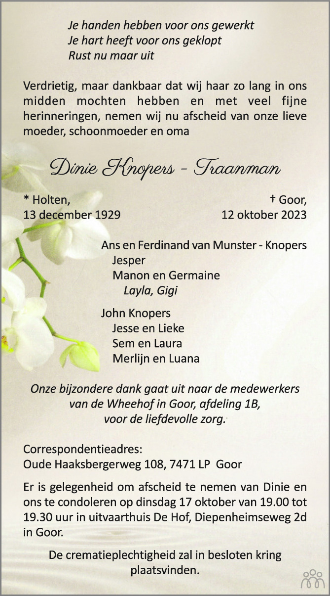 Dinie Knopers-Traanman 12-10-2023 overlijdensbericht en condoleances ...