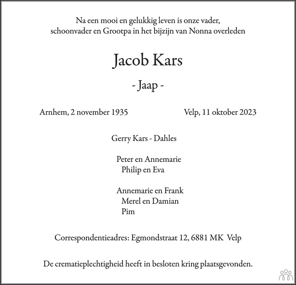 Jaap (Jacob) Kars 11-10-2023 overlijdensbericht en condoleances ...