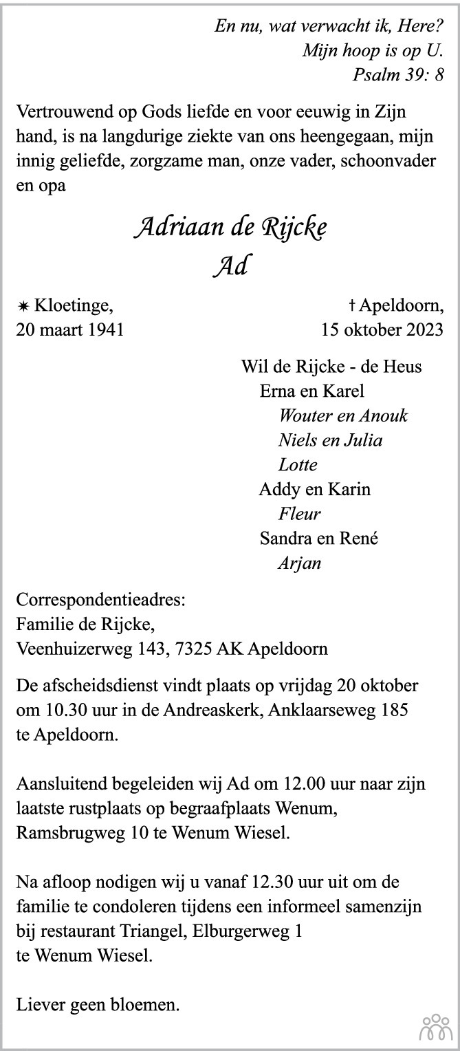 Ad (Adriaan) de Rijcke 15-10-2023 overlijdensbericht en condoleances ...