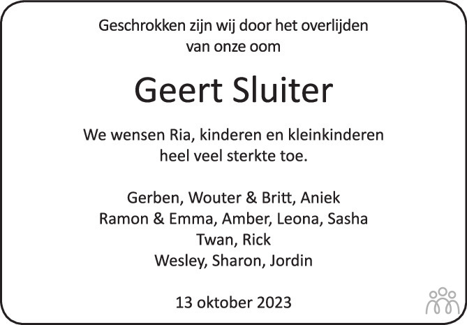 Geert Sluiter 13-10-2023 overlijdensbericht en condoleances - Mensenlinq.nl