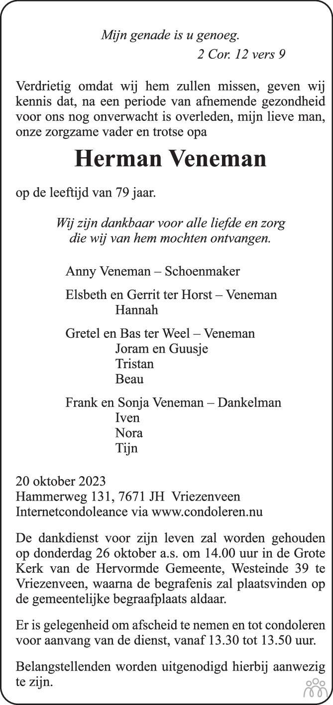 Herman Veneman 20-10-2023 overlijdensbericht en condoleances ...