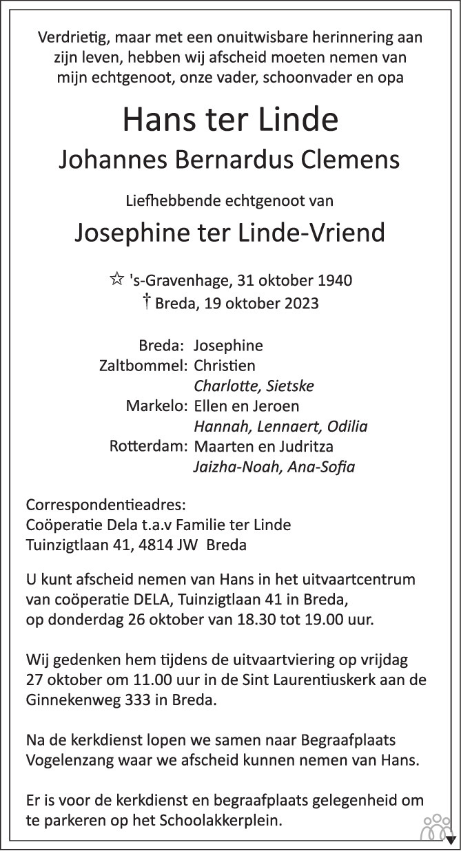 Hans (Johannes Bernardus Clemens) ter Linde 19-10-2023 ...