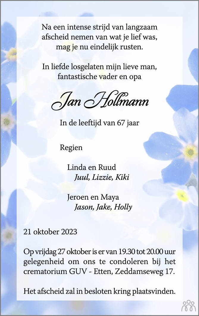 Jan Hollmann 21-10-2023 overlijdensbericht en condoleances - Mensenlinq.nl