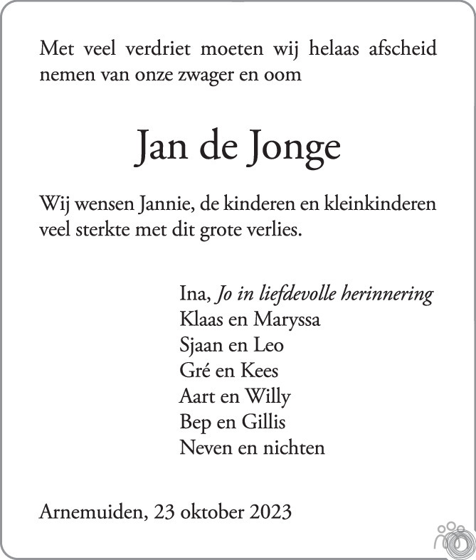 Jan de Jonge 23-10-2023 overlijdensbericht en condoleances - Mensenlinq.nl
