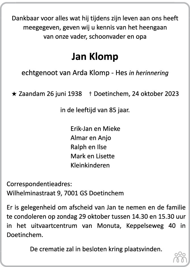 Jan Klomp 24-10-2023 overlijdensbericht en condoleances - Mensenlinq.nl