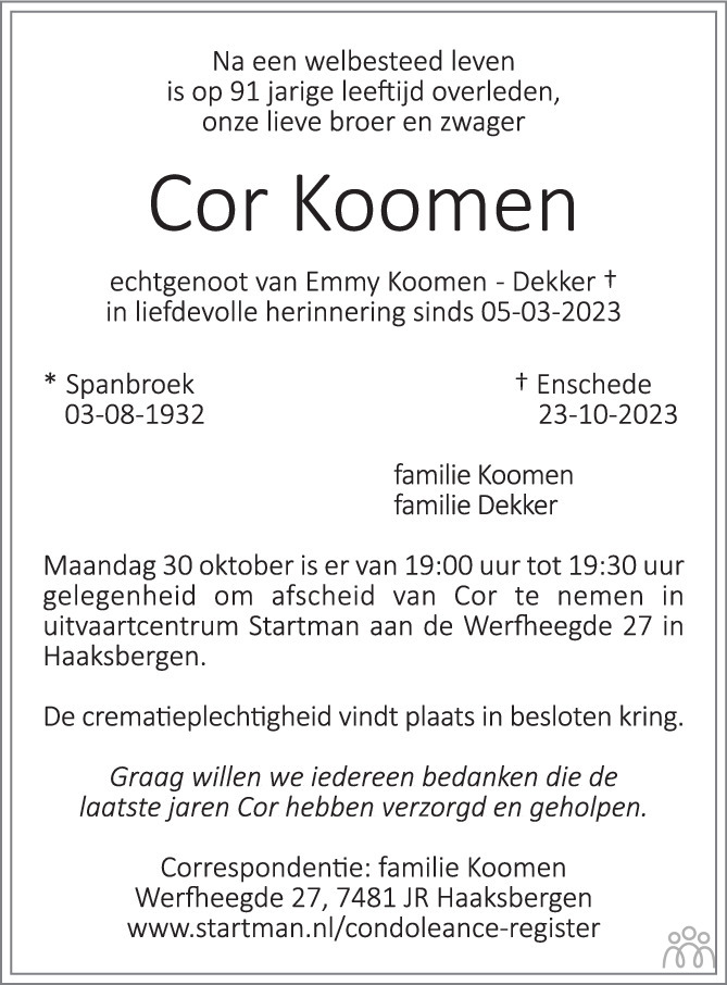 Cor Koomen 23-10-2023 overlijdensbericht en condoleances - Mensenlinq.nl