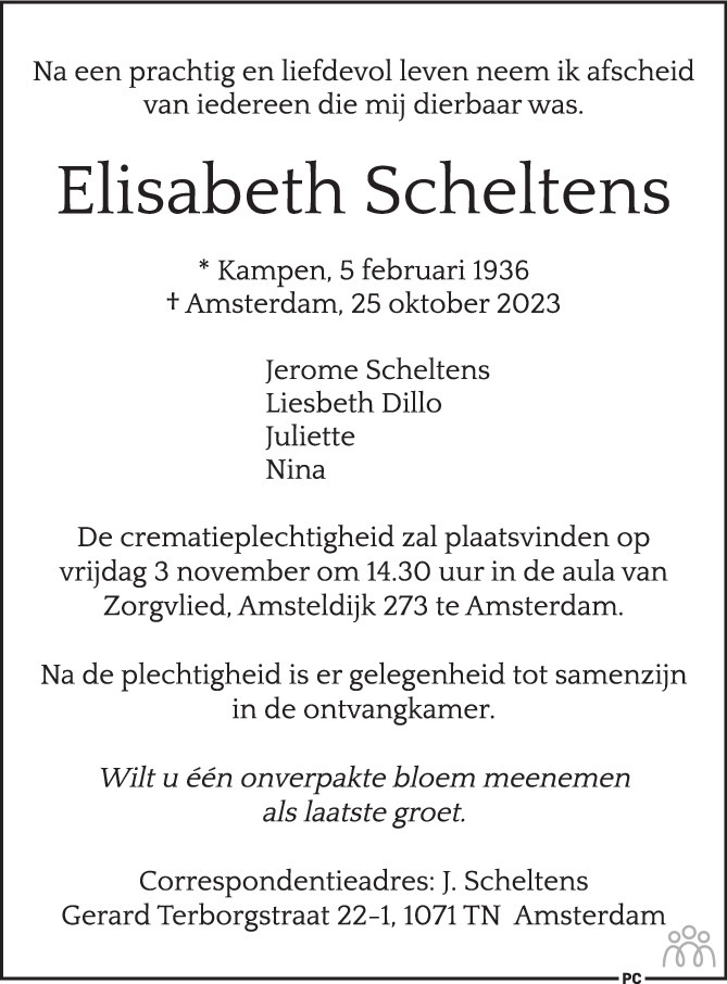 Elisabeth Scheltens 25-10-2023 overlijdensbericht en condoleances ...