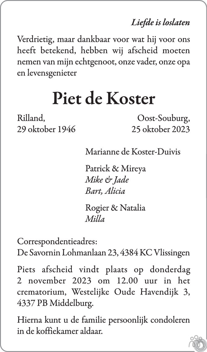Piet de Koster 25-10-2023 overlijdensbericht en condoleances ...