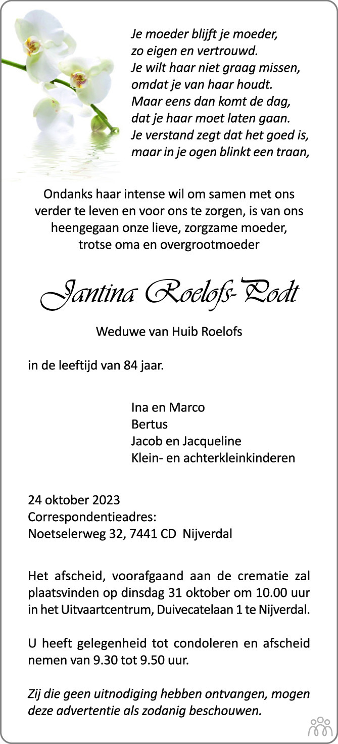 Jantina Roelofs-Podt 24-10-2023 overlijdensbericht en condoleances - Mensenlinq.nl