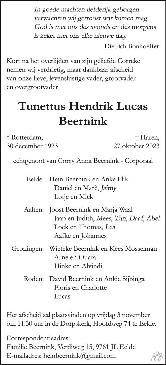 Tunettus Hendrik Lucas Beernink 27-10-2023 overlijdensbericht en ... Tunettus Hendrik Lucas Beernink 27-10-2023 overlijdensbericht en ...