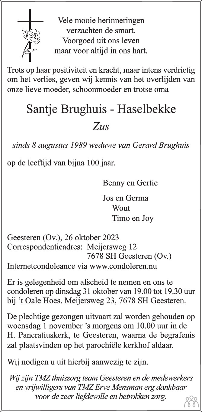 Santje (Zus) Brughuis-Haselbekke 26-10-2023 overlijdensbericht en ...