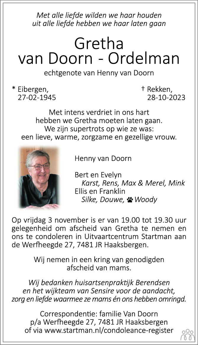 Gretha van Doorn-Ordelman 28-10-2023 overlijdensbericht en condoleances ...