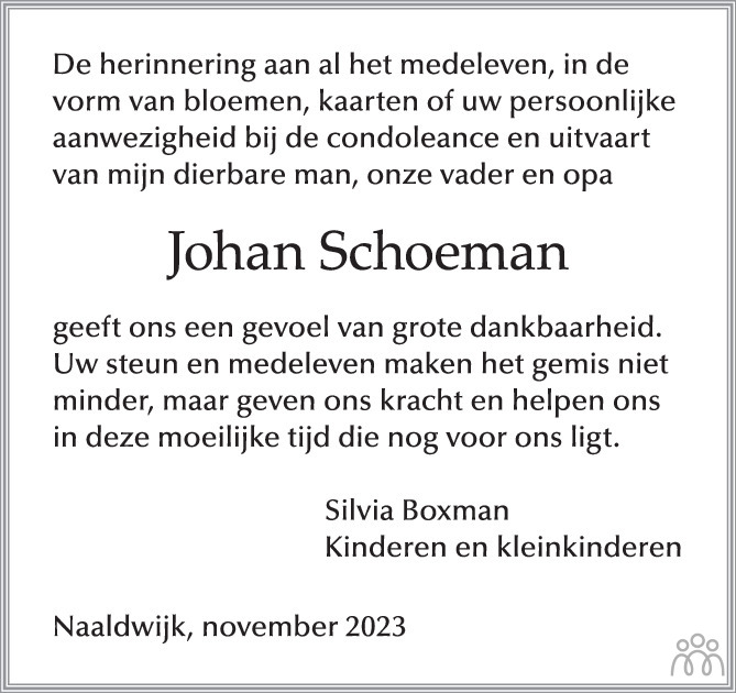 Johan Schoeman 12-10-2023 overlijdensbericht en condoleances ...