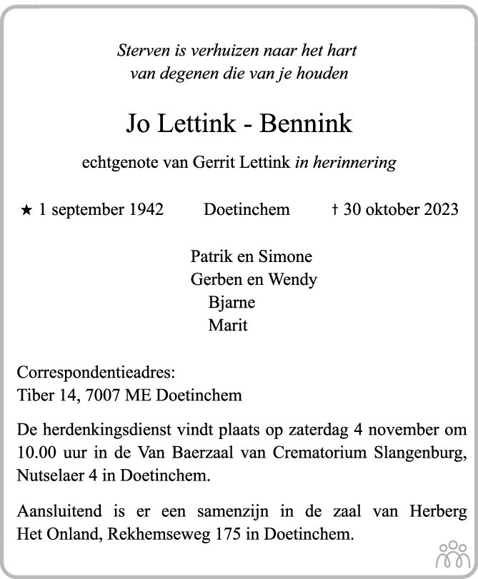 Jo Lettink-Bennink 30-10-2023 overlijdensbericht en condoleances ...