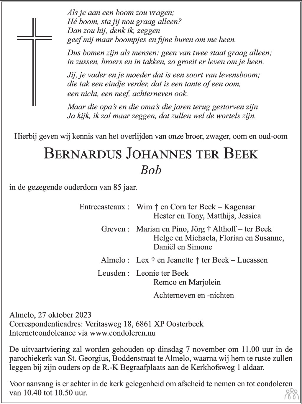 Bernardus Johannes (Bob) ter Beek 27-10-2023 overlijdensbericht en ...