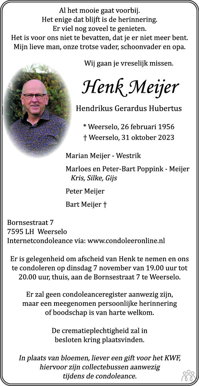 Henk Meijer 31-10-2023 overlijdensbericht en condoleances - Mensenlinq.nl