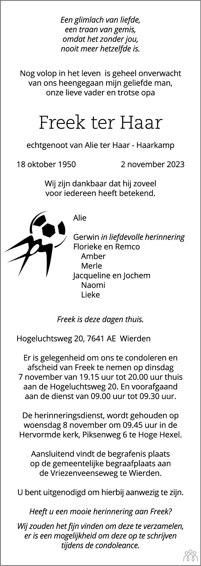 Freek ter Haar 02-11-2023 overlijdensbericht en condoleances ...