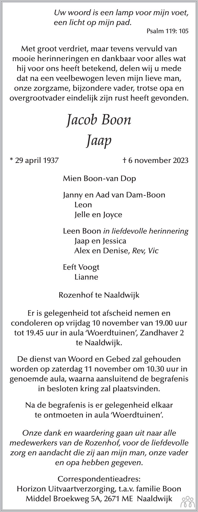 Jacob (Jaap) Boon 06-11-2023 overlijdensbericht en condoleances ...