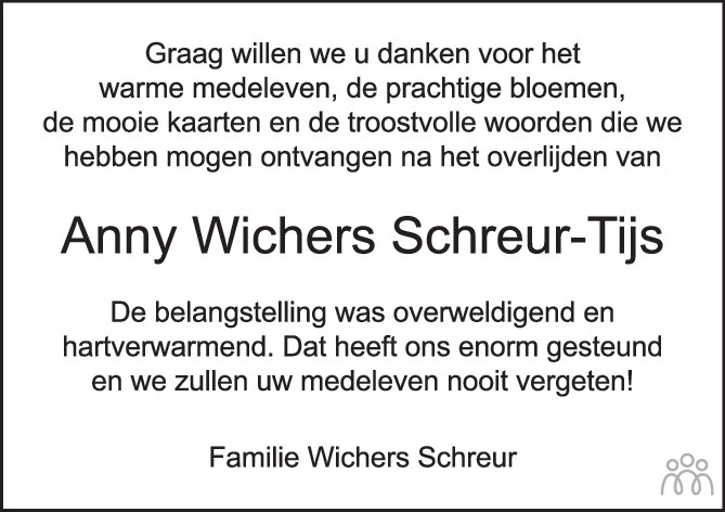 Anny Wichers Schreur-Tijs 20-10-2023 overlijdensbericht en condoleances ...