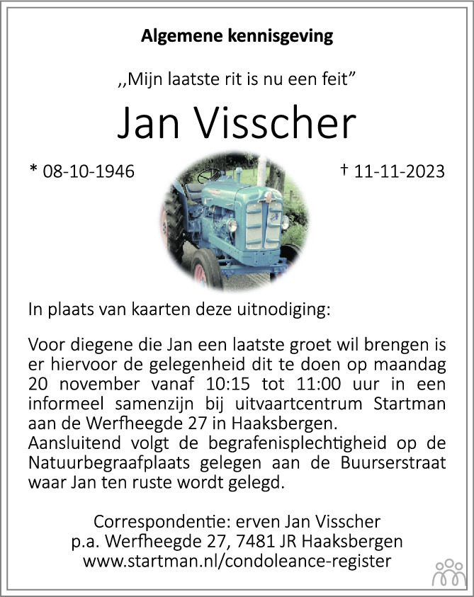 Jan Visscher 11-11-2023 overlijdensbericht en condoleances - Mensenlinq.nl