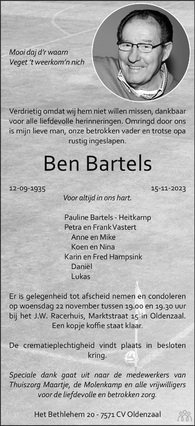 Ben Bartels 15-11-2023 overlijdensbericht en condoleances - Mensenlinq.nl