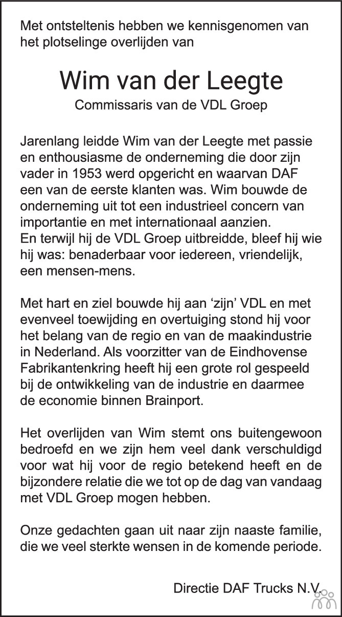 Wim van der Leegte 19-11-2023 overlijdensbericht en condoleances ...