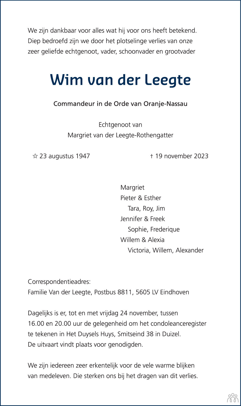 Wim van der Leegte 19-11-2023 overlijdensbericht en condoleances ...