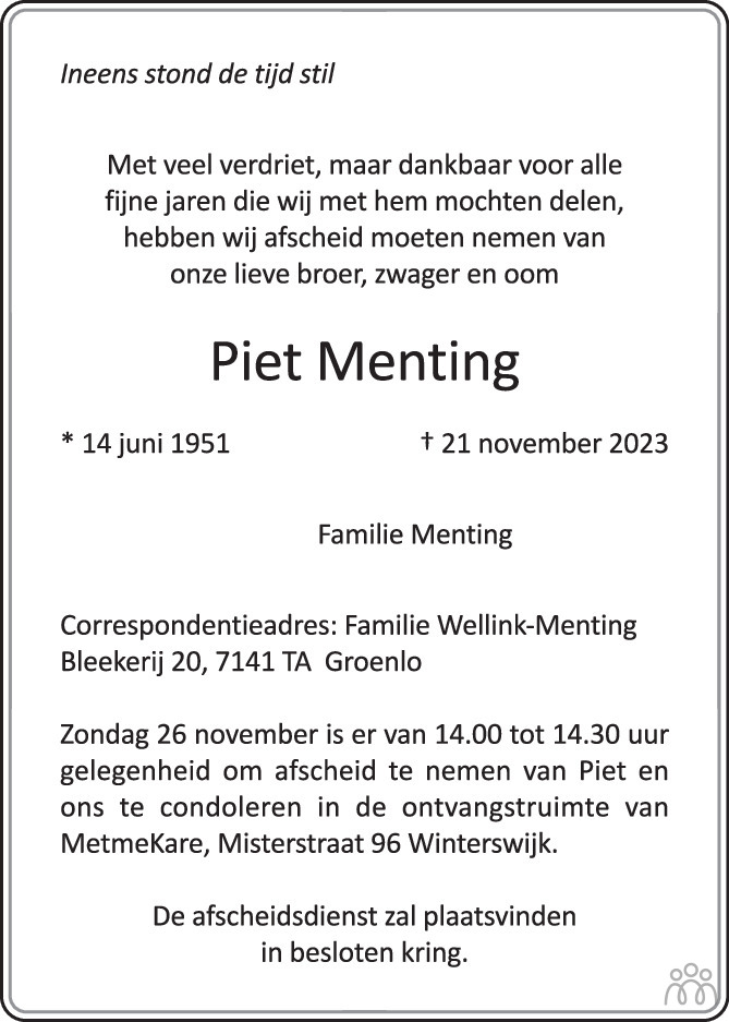 Piet Menting 21-11-2023 overlijdensbericht en condoleances - Mensenlinq.nl