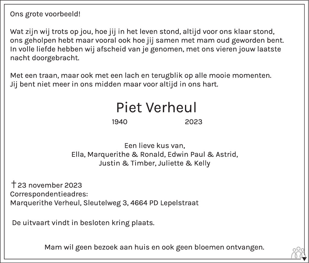 Piet Verheul 23-11-2023 overlijdensbericht en condoleances - Mensenlinq.nl