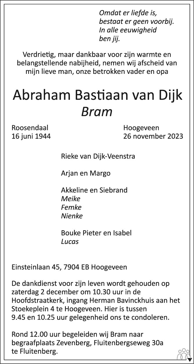 Abraham Bastiaan (Bram) van Dijk 26-11-2023 overlijdensbericht en condoleances - Mensenlinq.nl