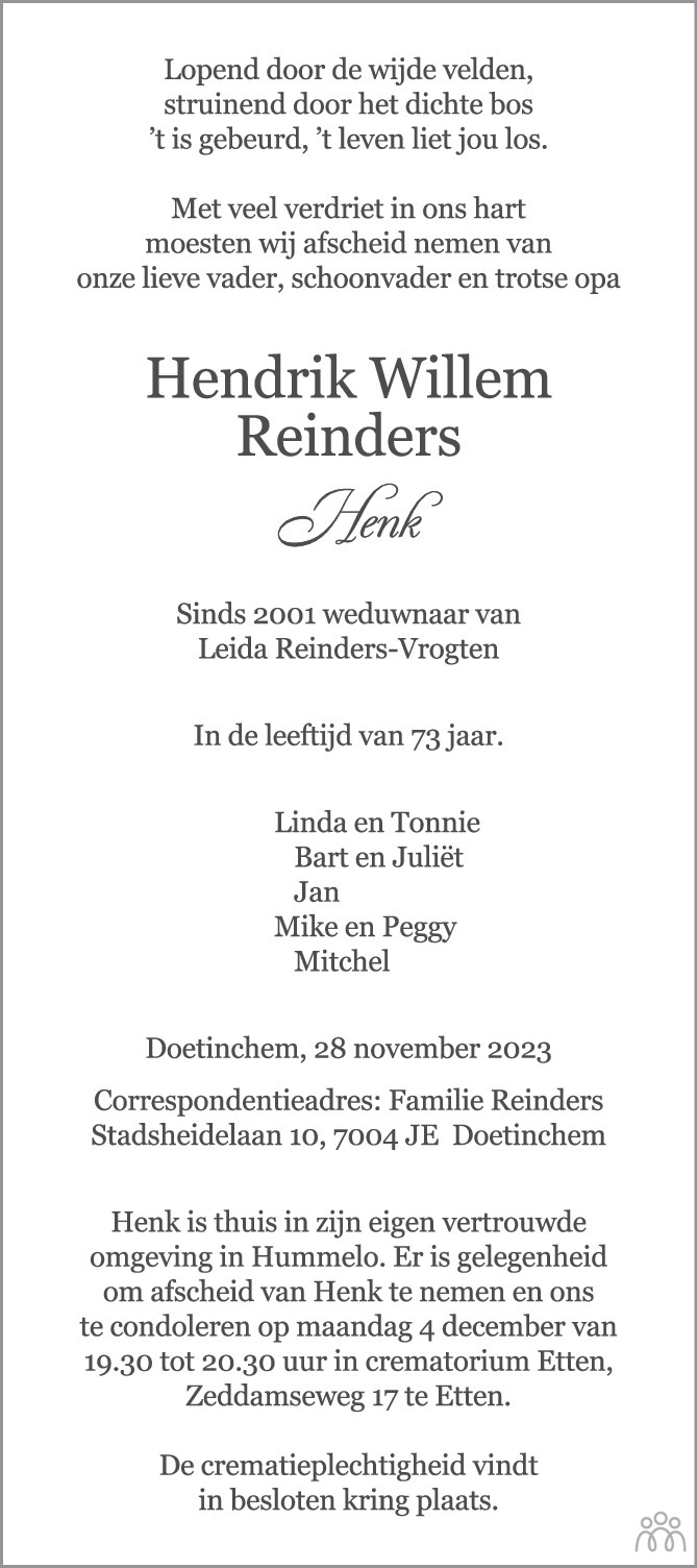 Henk (Hendrik Willem) Reinders 28-11-2023 overlijdensbericht en ...
