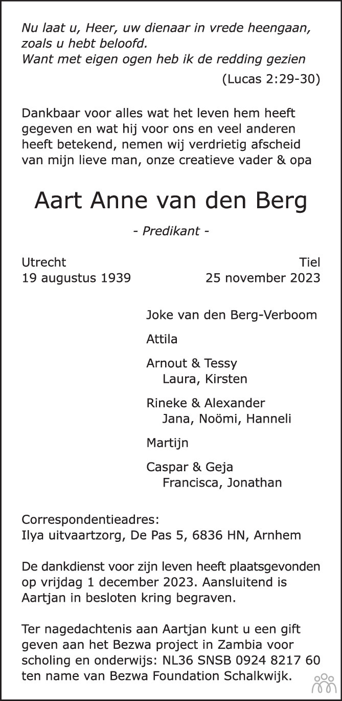 Aart Anne van den Berg 25-11-2023 overlijdensbericht en condoleances - Mensenlinq.nl