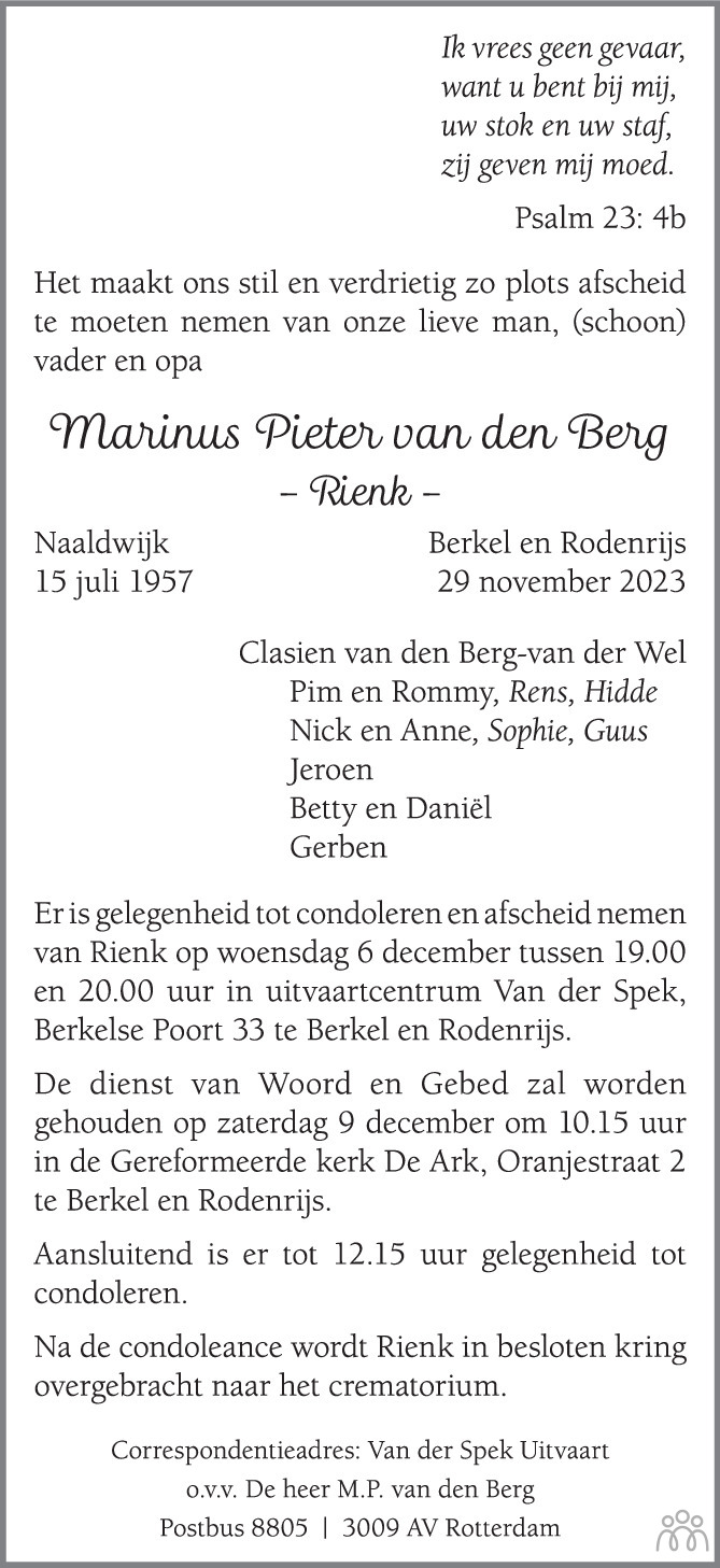 Marinus Pieter (Rienk) van den Berg 29-11-2023 overlijdensbericht en ...