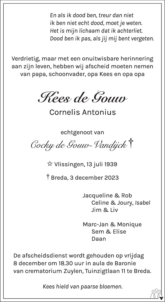 Kees (Cornelis Antonius) de Gouw 03-12-2023 overlijdensbericht en ...