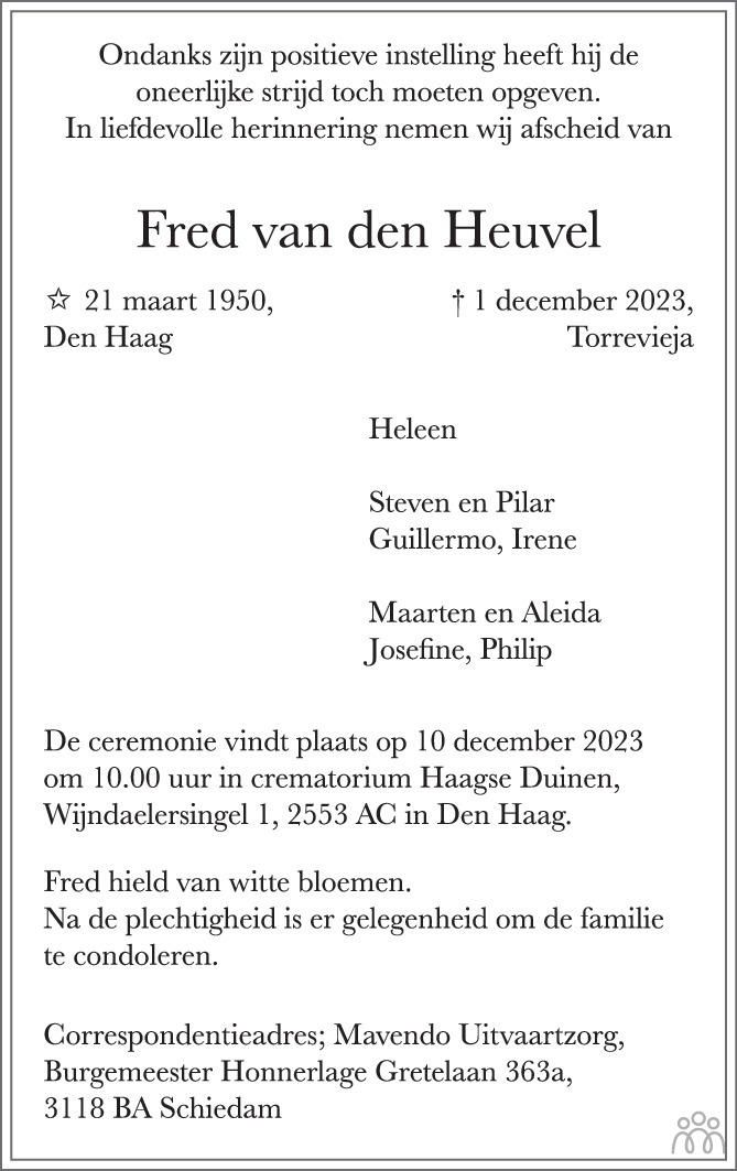 Fred van den Heuvel 01-12-2023 overlijdensbericht en condoleances ... Fred van den Heuvel 01-12-2023 overlijdensbericht en condoleances ...